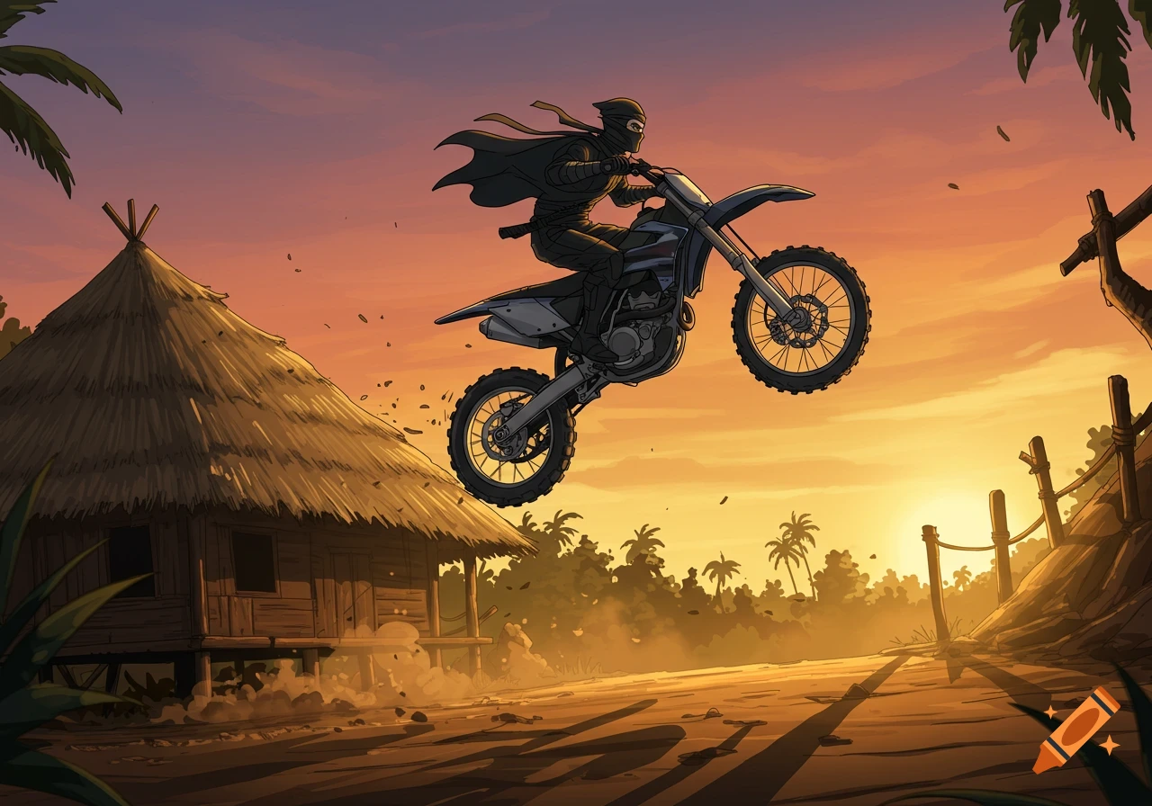 A ninja on a dirt bike jumps over a thatched hut at sunset. on Craiyon