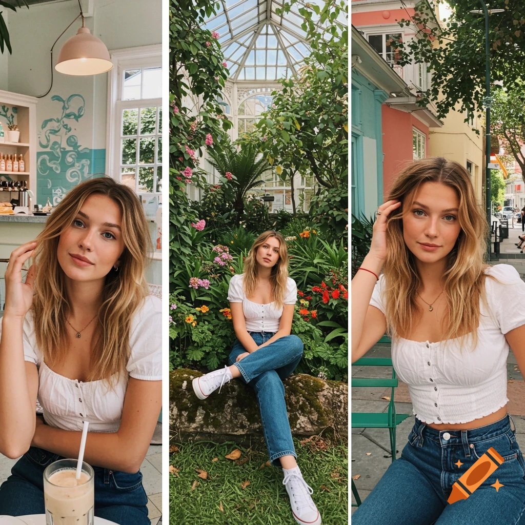 A triptych of a young woman posing in a cafe, a greenhouse, and on a street. on Craiyon
