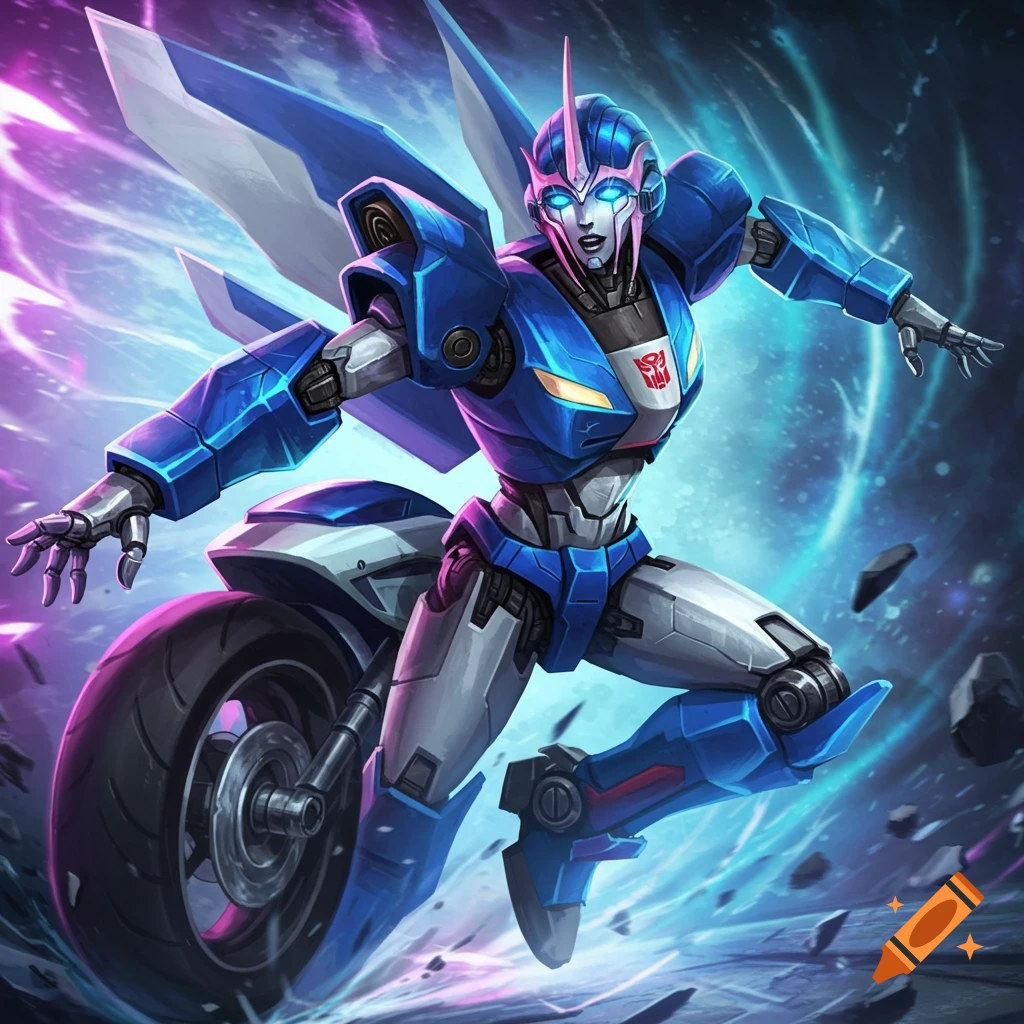 Autobot robot Arcee leaps forward with a motorcycle wheel behind her in ...
