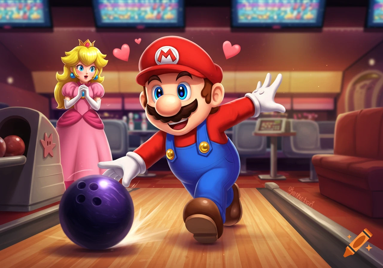 Mario is bowling in an alley with Princess Peach watching and hearts floating above them. on Craiyon