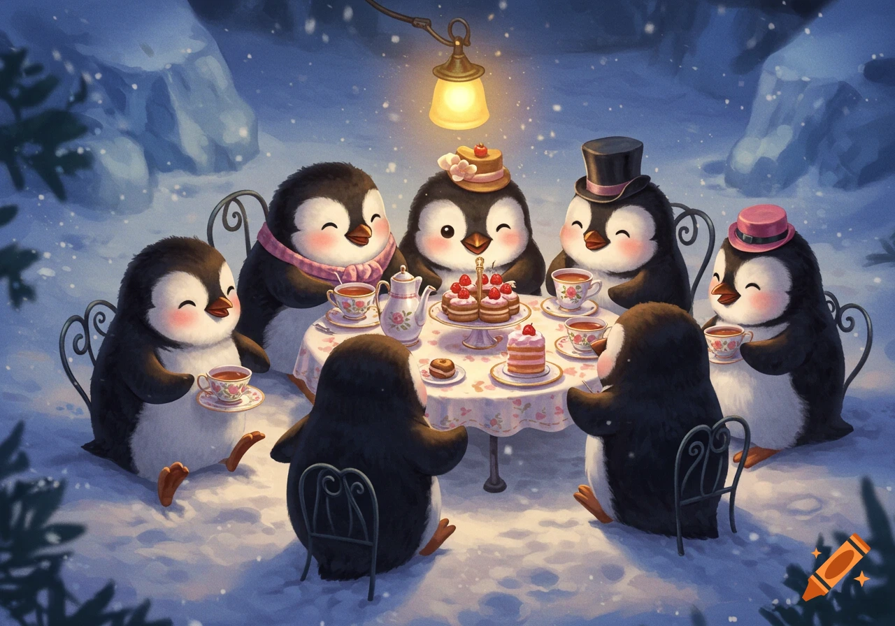 Cute illustrated penguins enjoy tea and cake in a snowy setting. on Craiyon