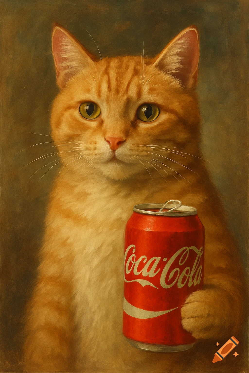 Painting of an orange tabby cat holding a Coca-Cola can. on Craiyon