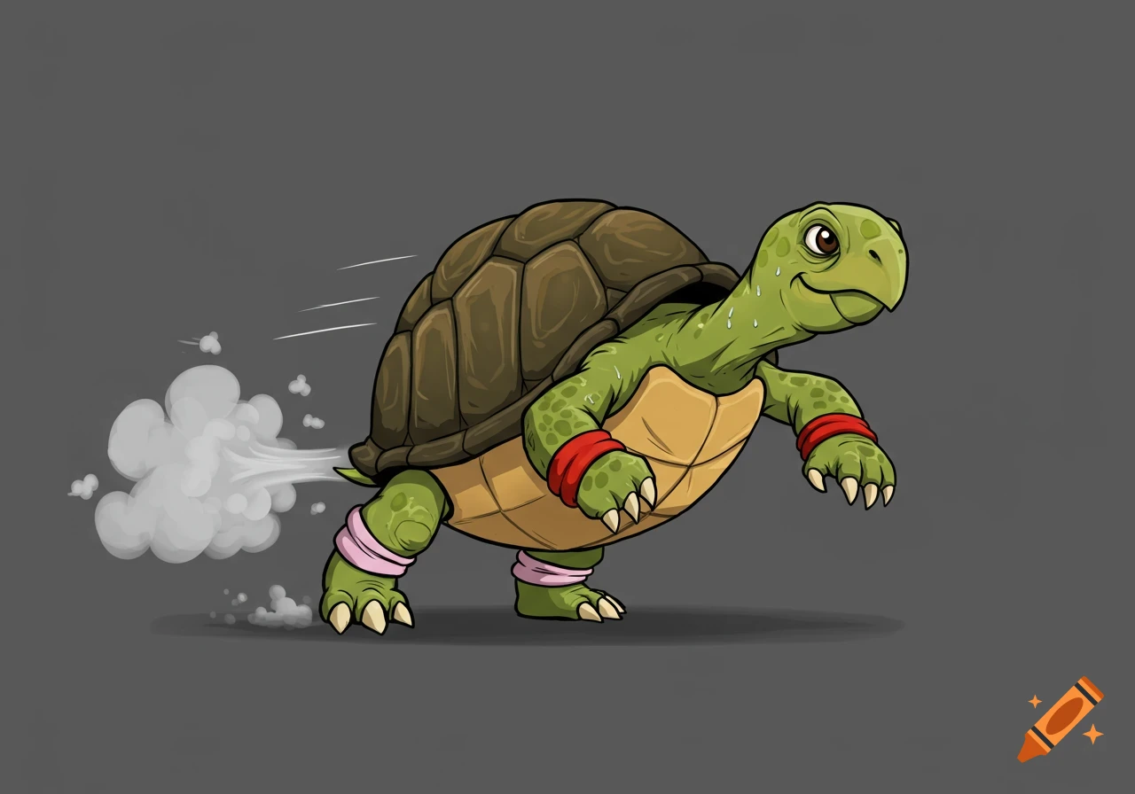 Cartoon turtle racing fast with fart propulsion, wearing sweatbands. on ...