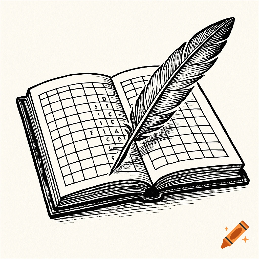 Black and white sketch of an open ledger book with a quill pen on it ...