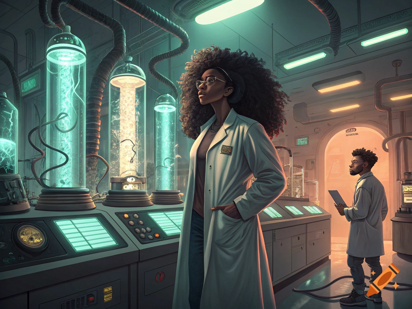 Two scientists in a futuristic lab with glowing tubes on Craiyon