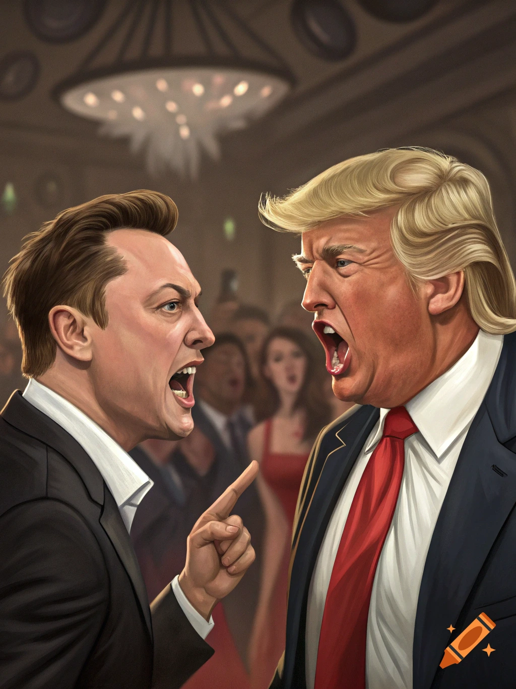 Caricatures of Donald Trump and Elon Musk yelling at each other ...