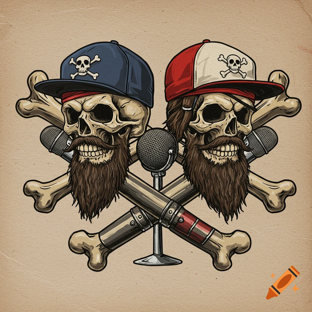 Illustration of two bearded skulls wearing baseball caps with skull and ...