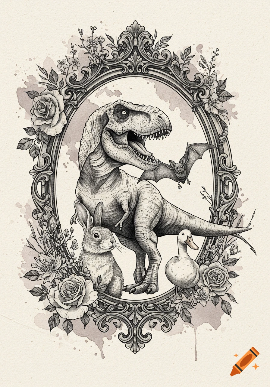 Black and grey illustration of a T-Rex, bunny, bat, and duck in a ...