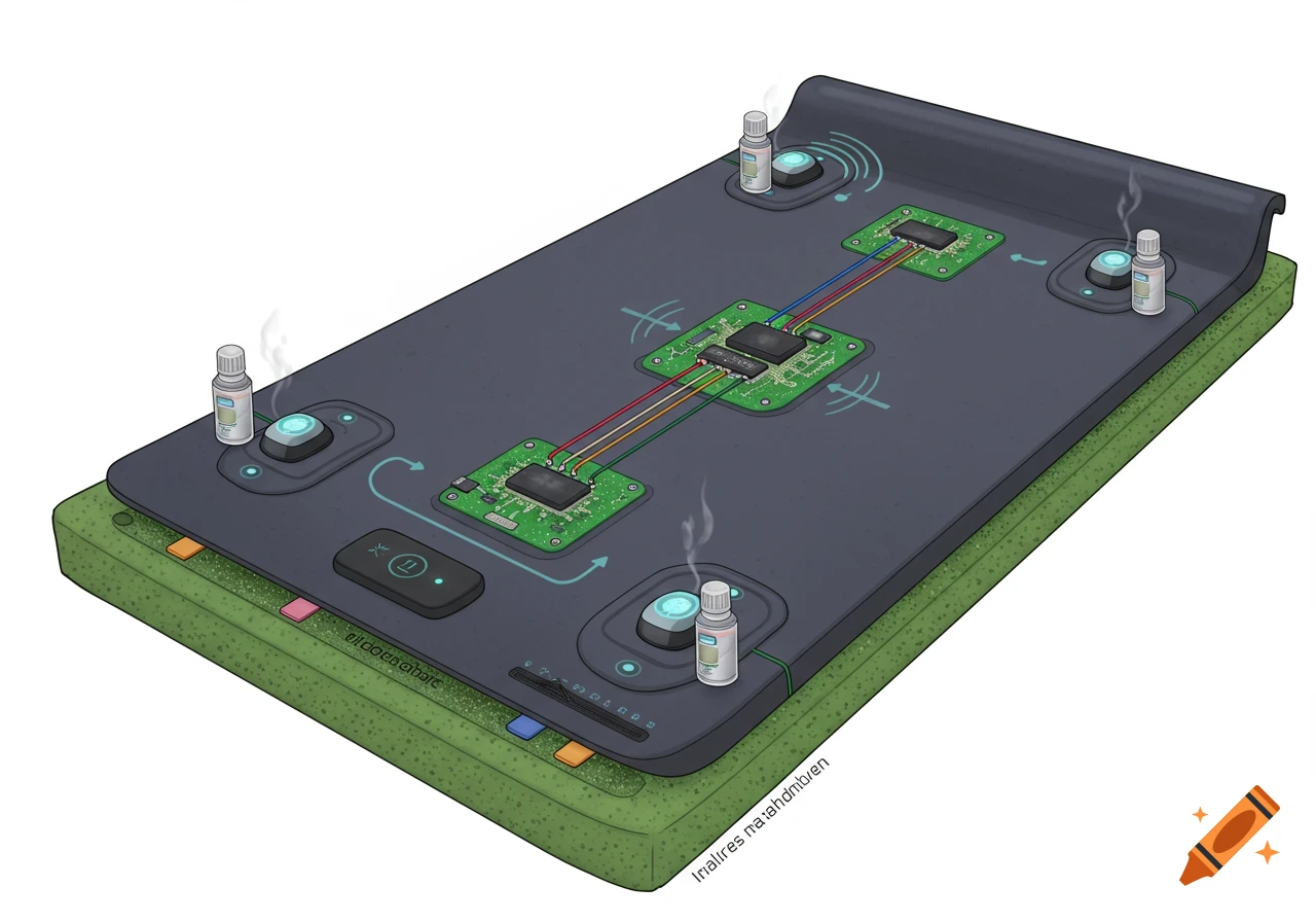 Illustration of a grey mat with circuit boards, wires, sensors, and ...