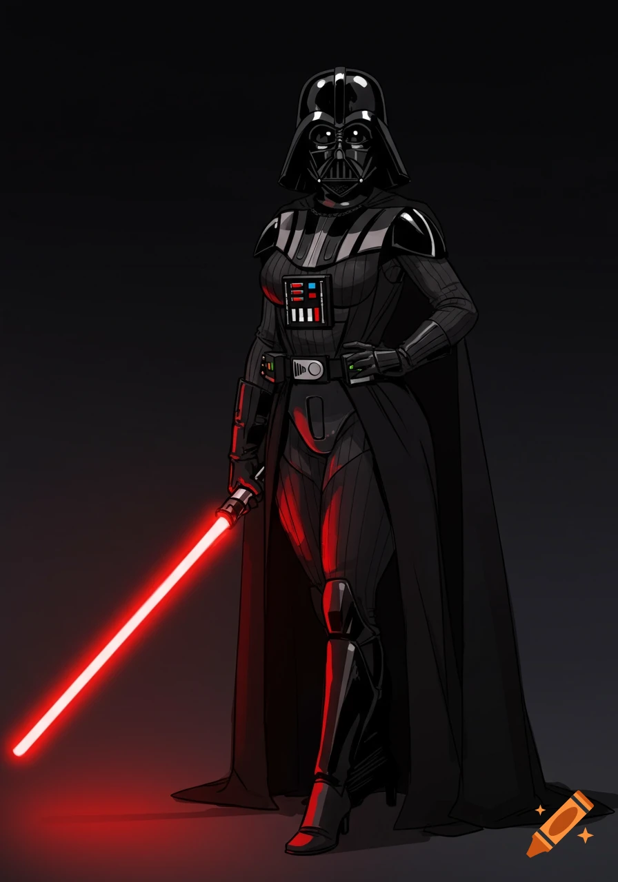 Full body illustration of a woman dressed as Darth Vader holding a red ...