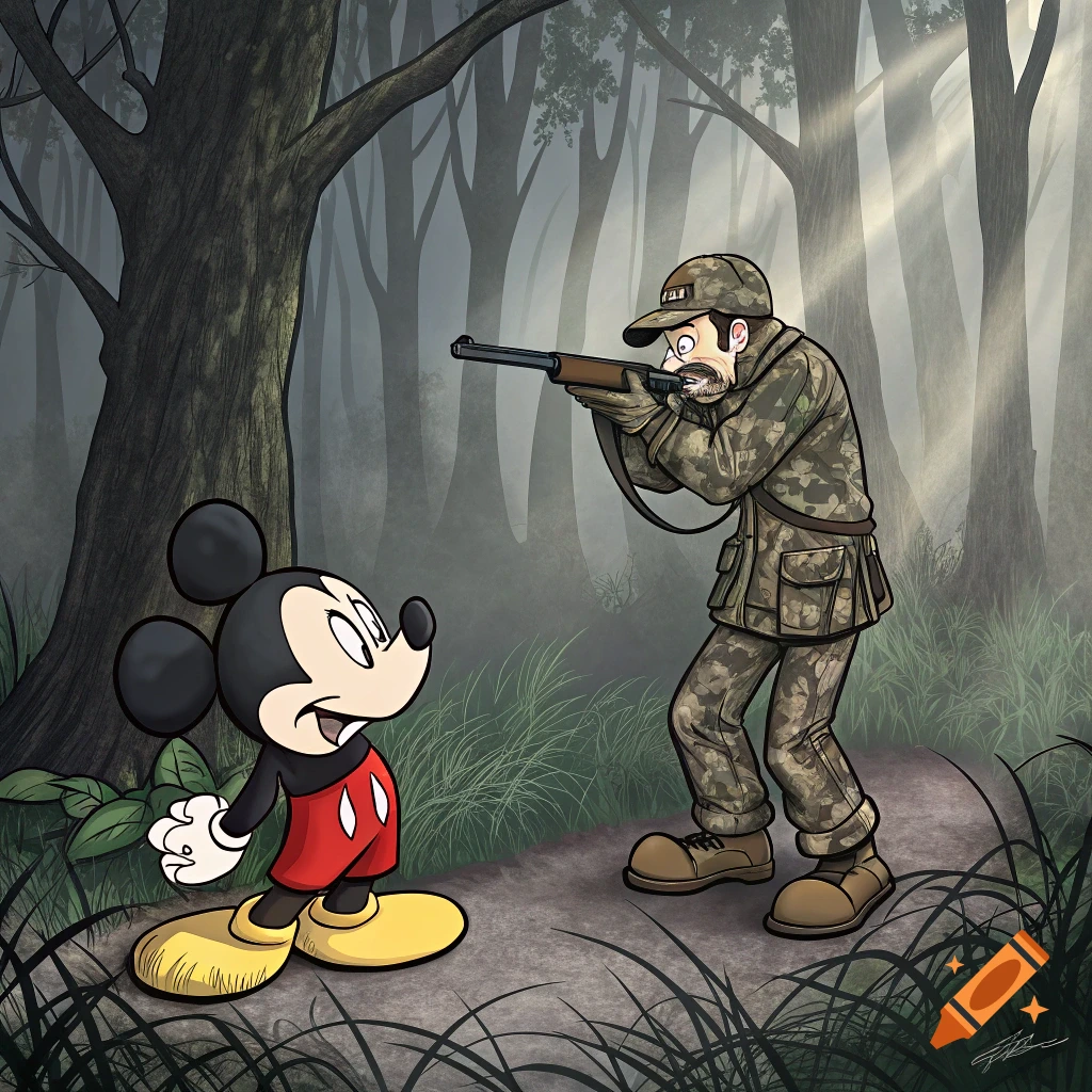 Cartoon hunter aims rifle at Mickey Mouse in foggy forest illustration ...
