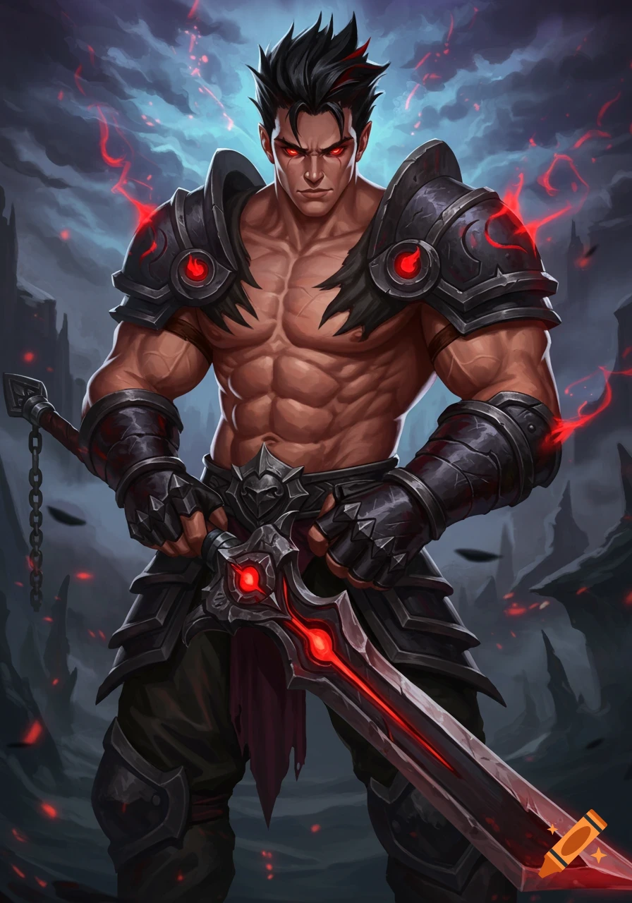 Muscular fantasy character in black armor with red glowing energy ...