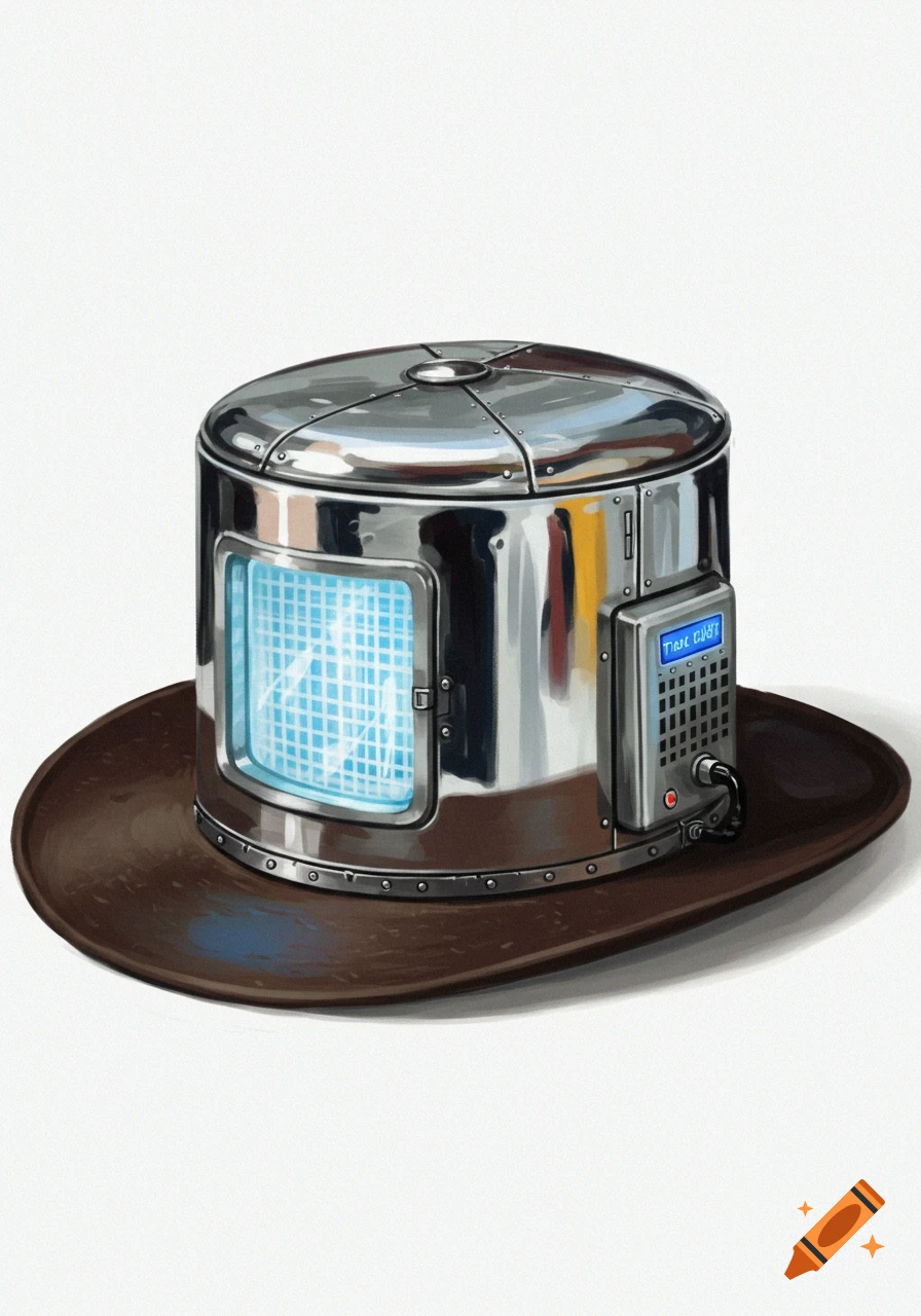 A brown cowboy hat with a futuristic metal top, glowing blue screen ...