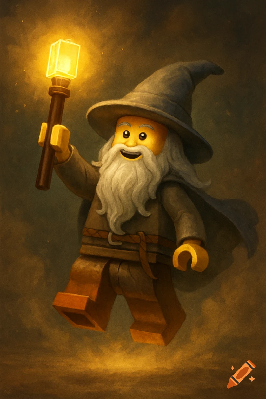 A LEGO wizard smiles while holding up a glowing staff. on Craiyon