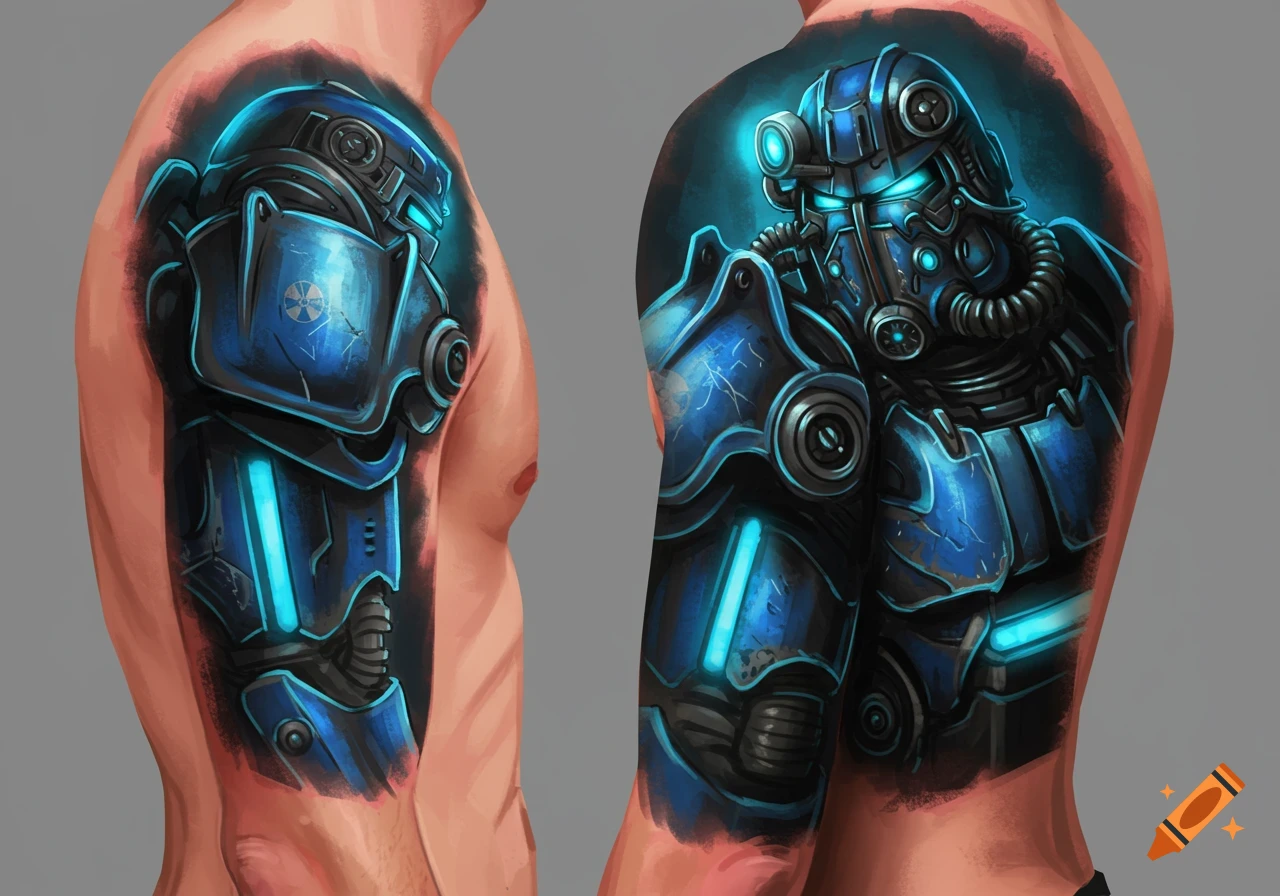 Fallout power armor tattoo design on man's arm and back on Craiyon