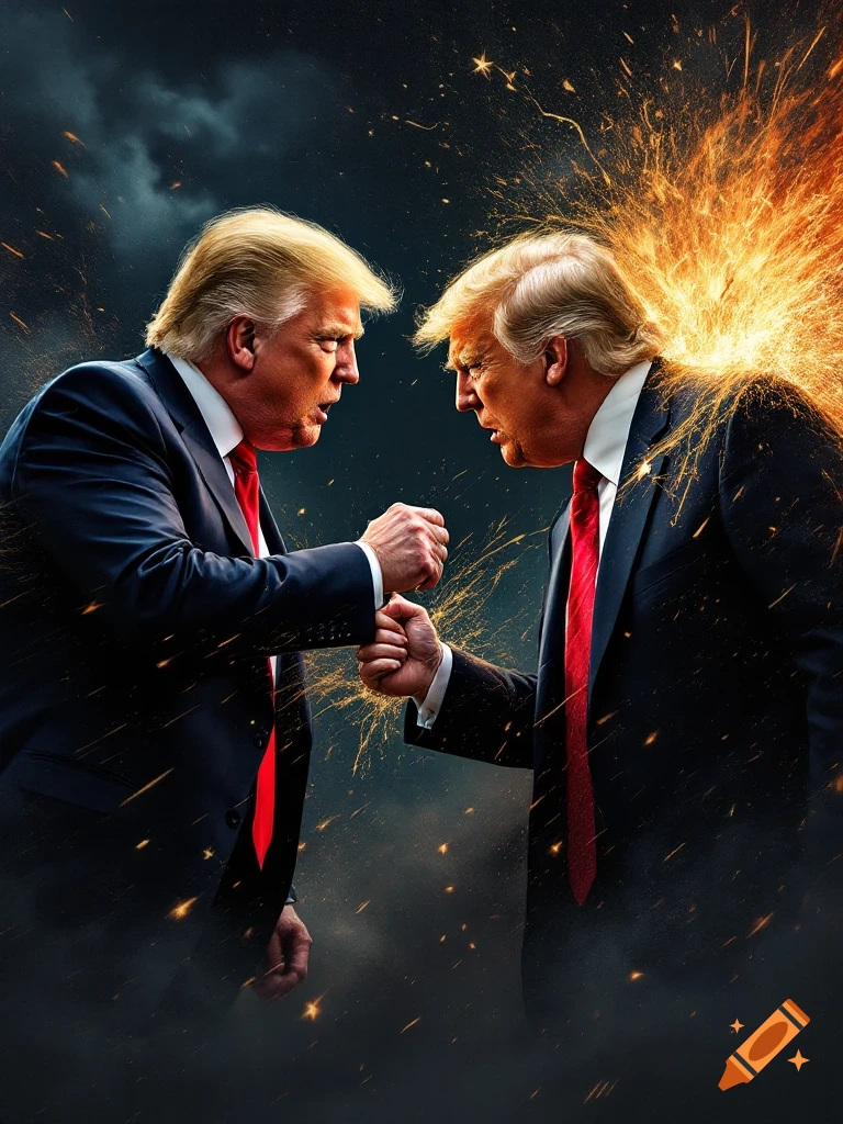 Donald Trump and Elon Musk face off in a digital art style with sparks ...