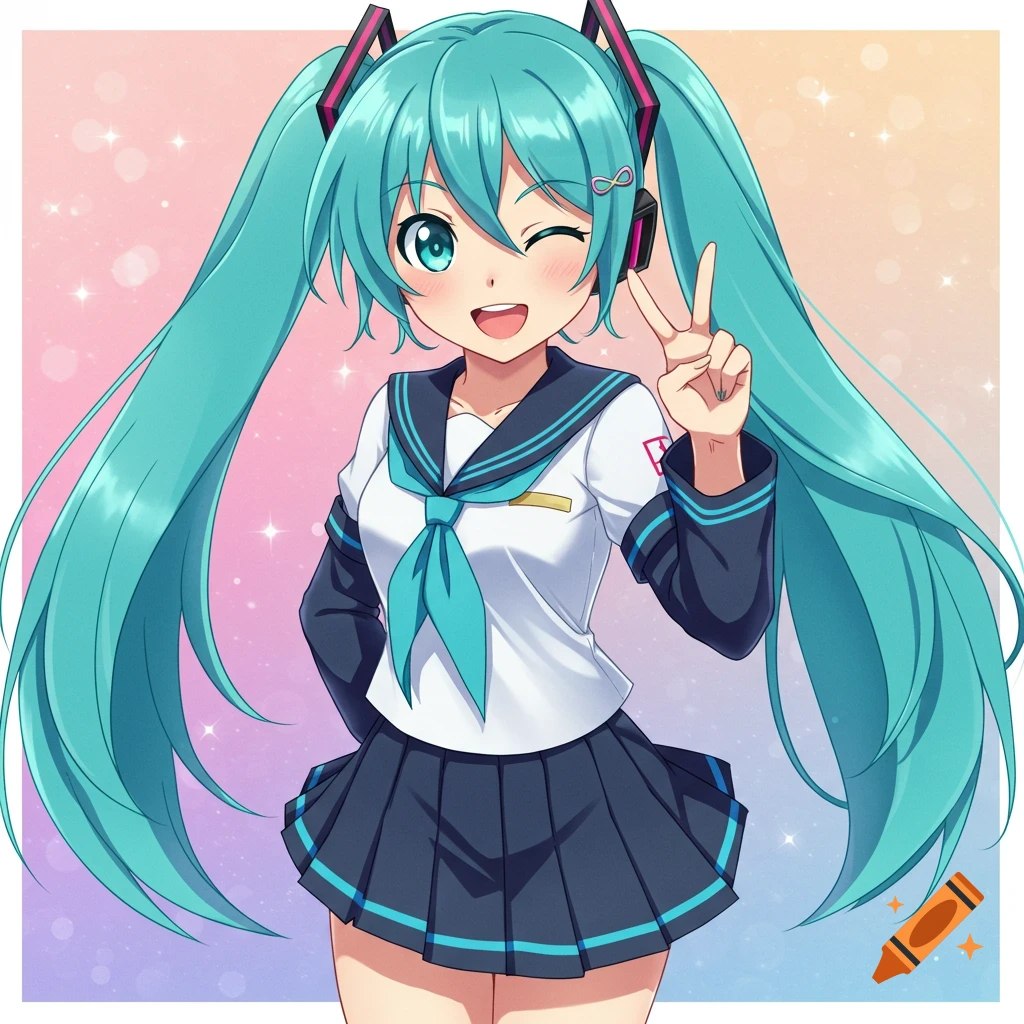 Hatsune Miku in a sailor uniform winking and giving a peace sign in ...