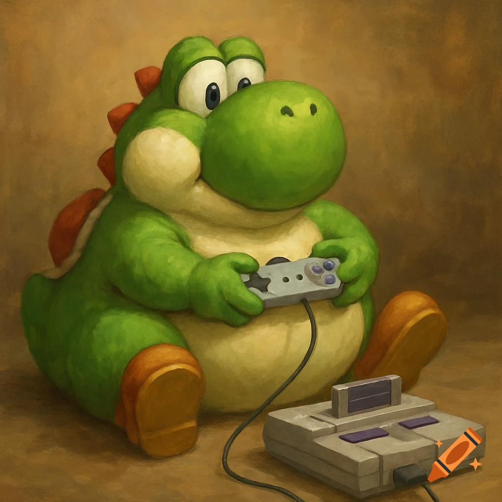Fat Yoshi sits on the floor playing a Super Nintendo controller, with ...