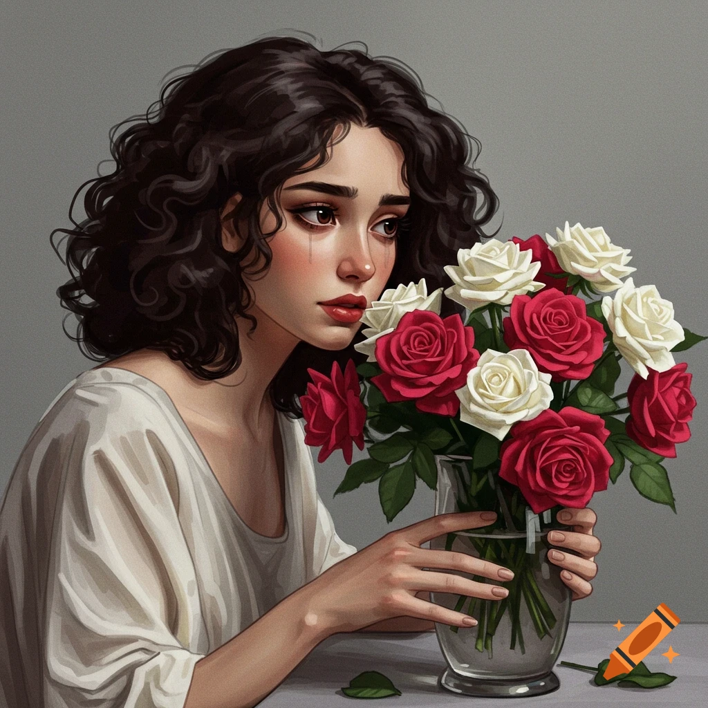 Drawing of a woman crying while looking at a vase of red and white ...