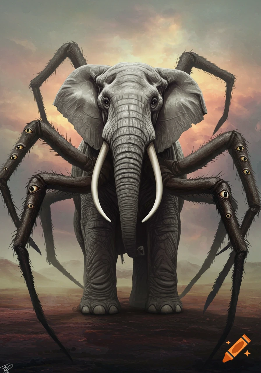 An elephant body with spider legs and multiple eyes stands in a desert ...