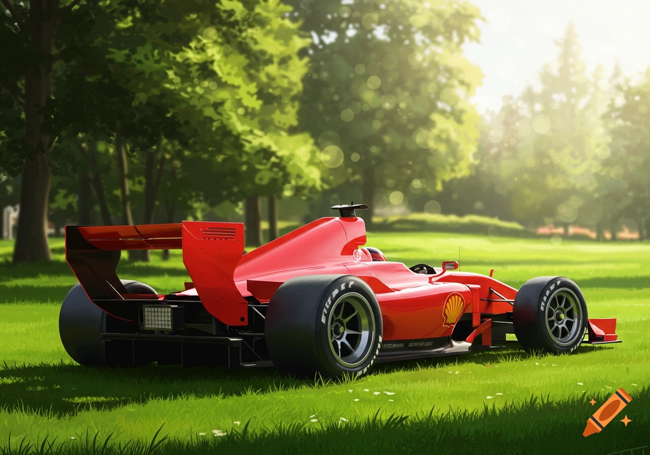 Red F1 racing car parked on grass in a sunny park scene. on Craiyon