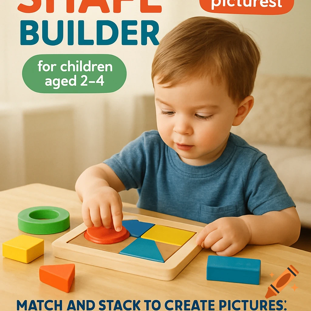 Young child plays with a colorful wooden shape puzzle on a table ...