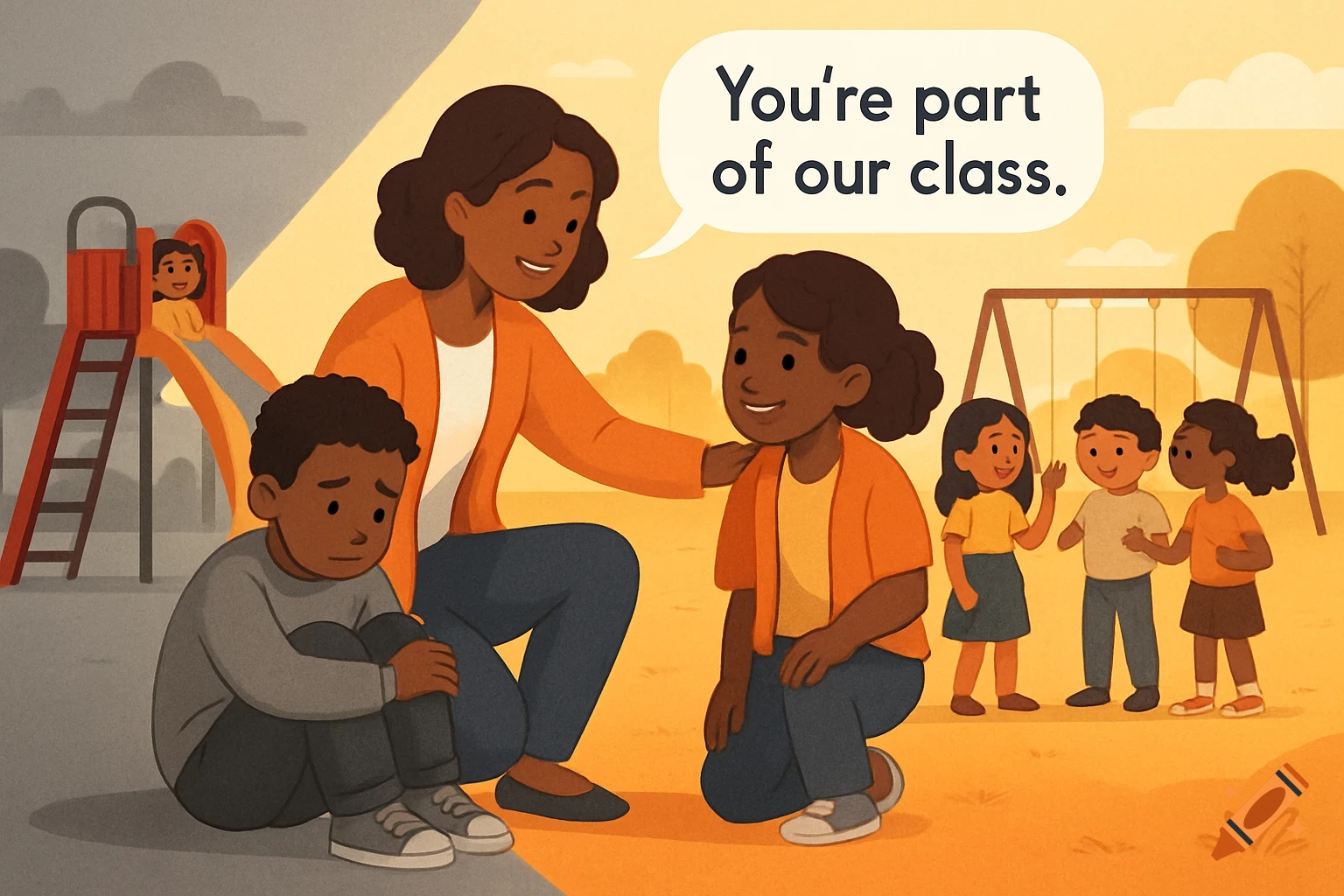 An illustration of a teacher comforting a sad child in a playground ...