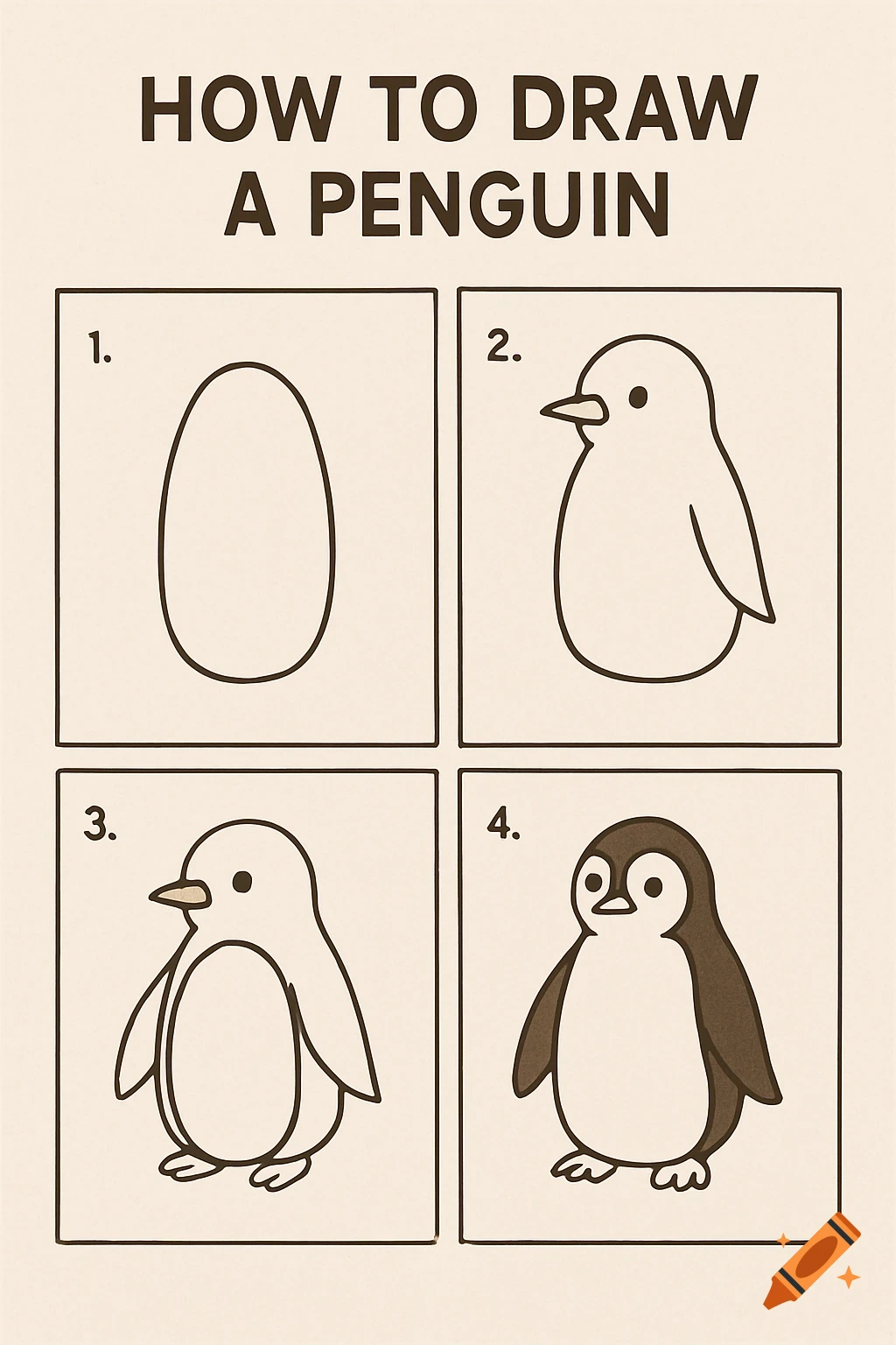 Four panel step-by-step drawing tutorial shows how to draw a penguin in a simple illustration ...