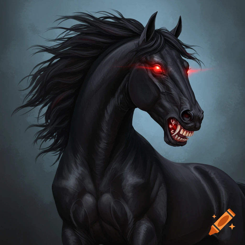 A close-up portrait of a black monster horse with glowing red eyes and ...