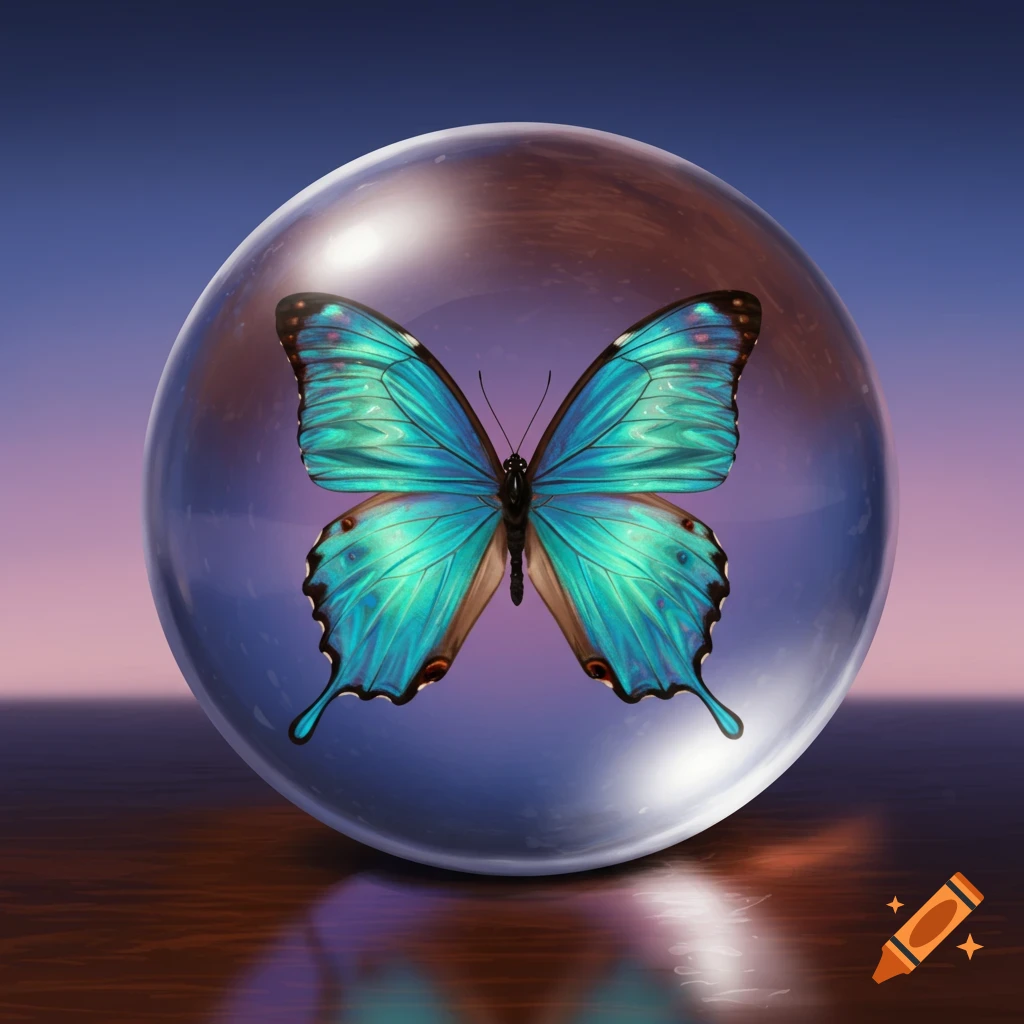 A teal butterfly is centered inside a clear crystal ball sitting on a ...