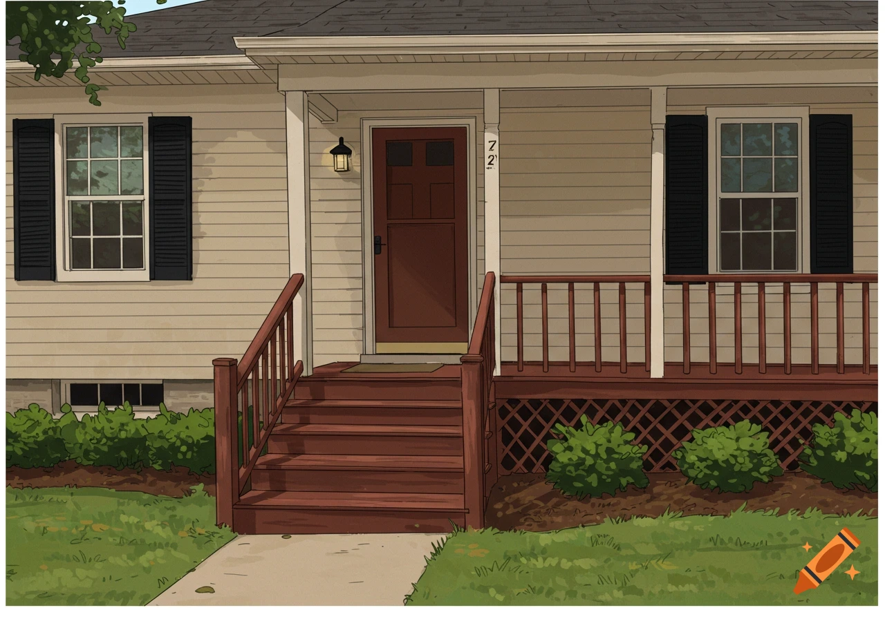 Illustration of a beige house porch with wooden stairs, railing, brown ...
