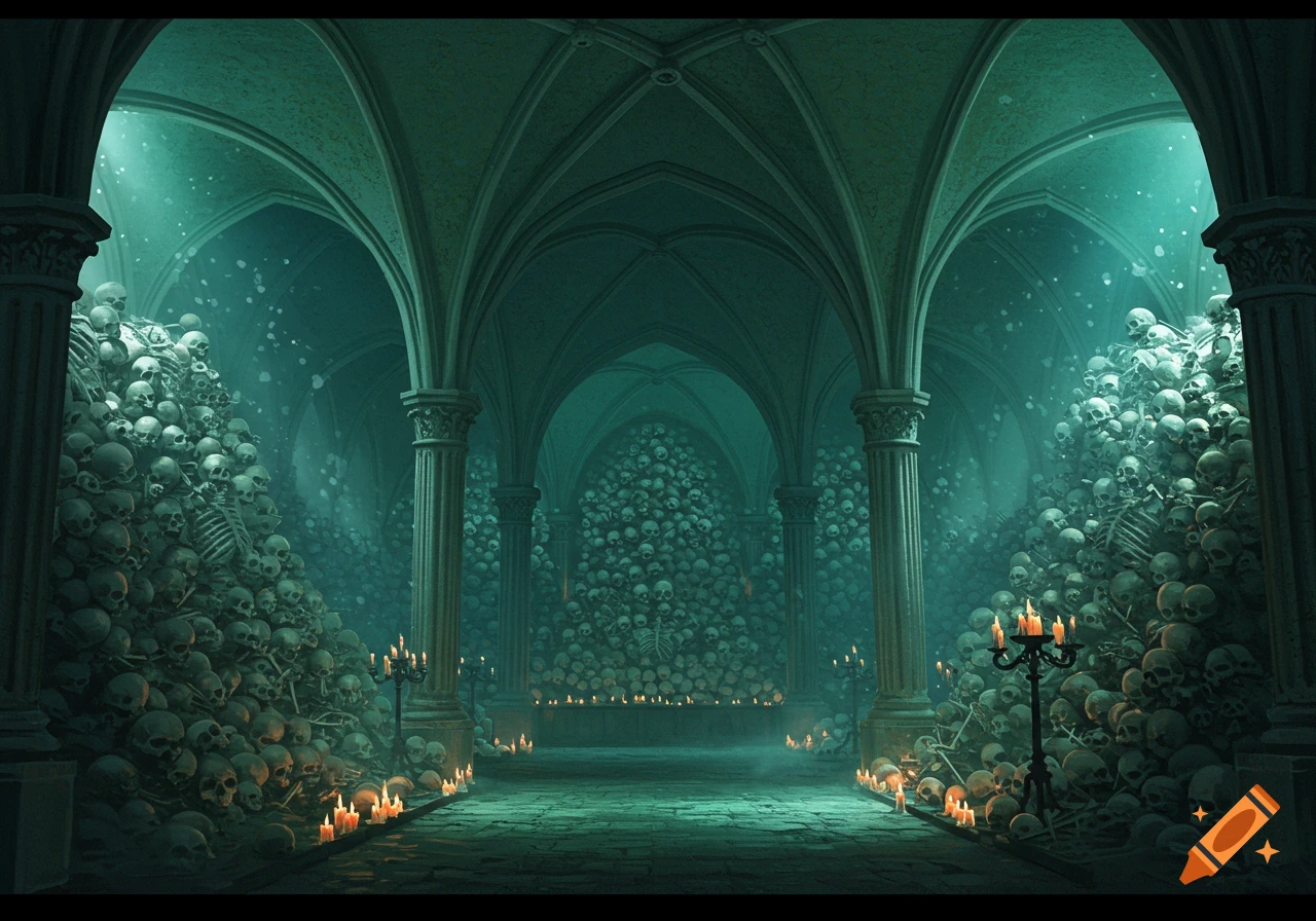 Dark gothic catacombs filled with piles of human skulls and bones lit ...