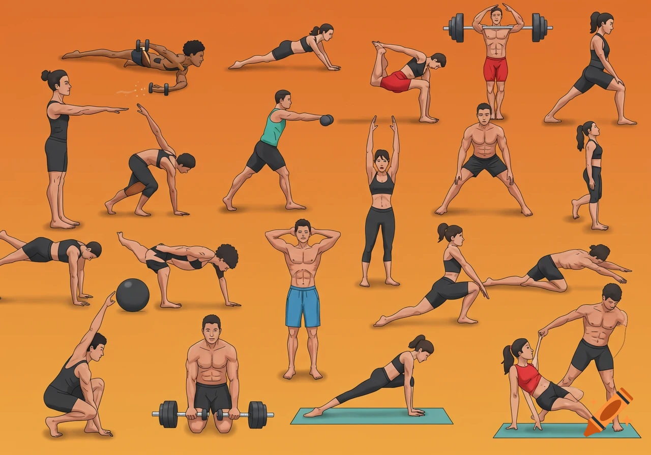 Multiple illustrated people demonstrating various exercise poses on an ...