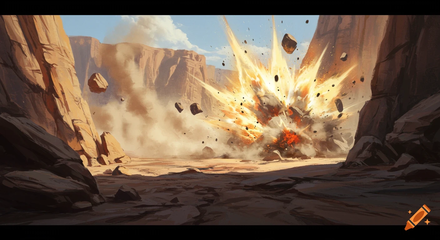 Digital painting of a large explosion in a desert canyon with rocks and ...