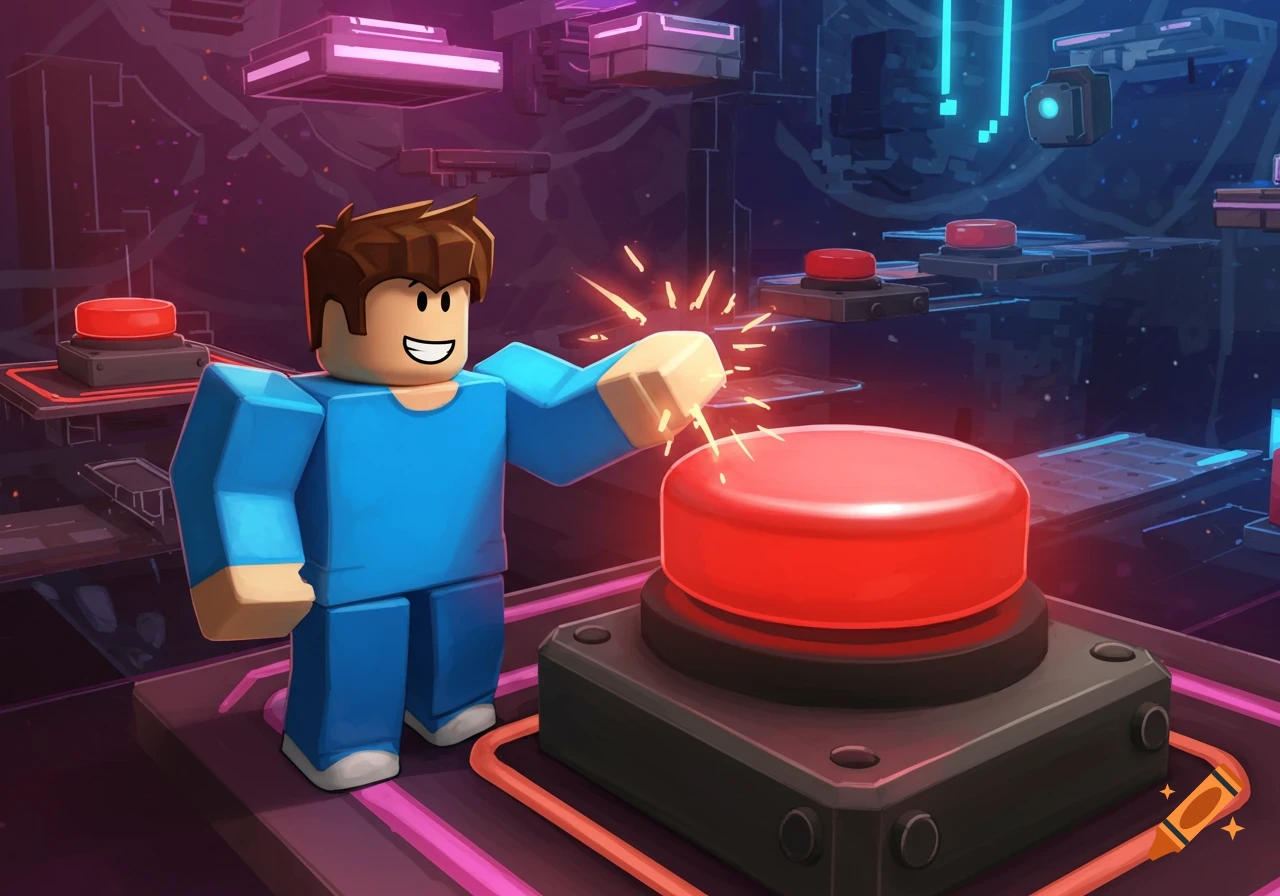 A Roblox character clicks a large red button on a platform in a ...