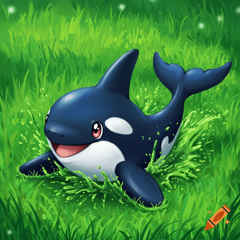 Cartoon orca in tall green grass, pokemon style. on Craiyon