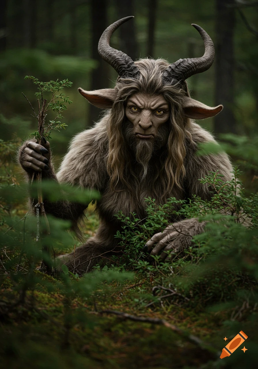 Photorealistic image of a beastly faun creature with horns and fur ...