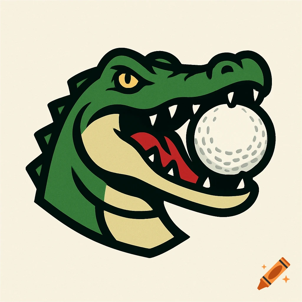 A stylized logo of an alligator head holding a golf ball in its mouth ...