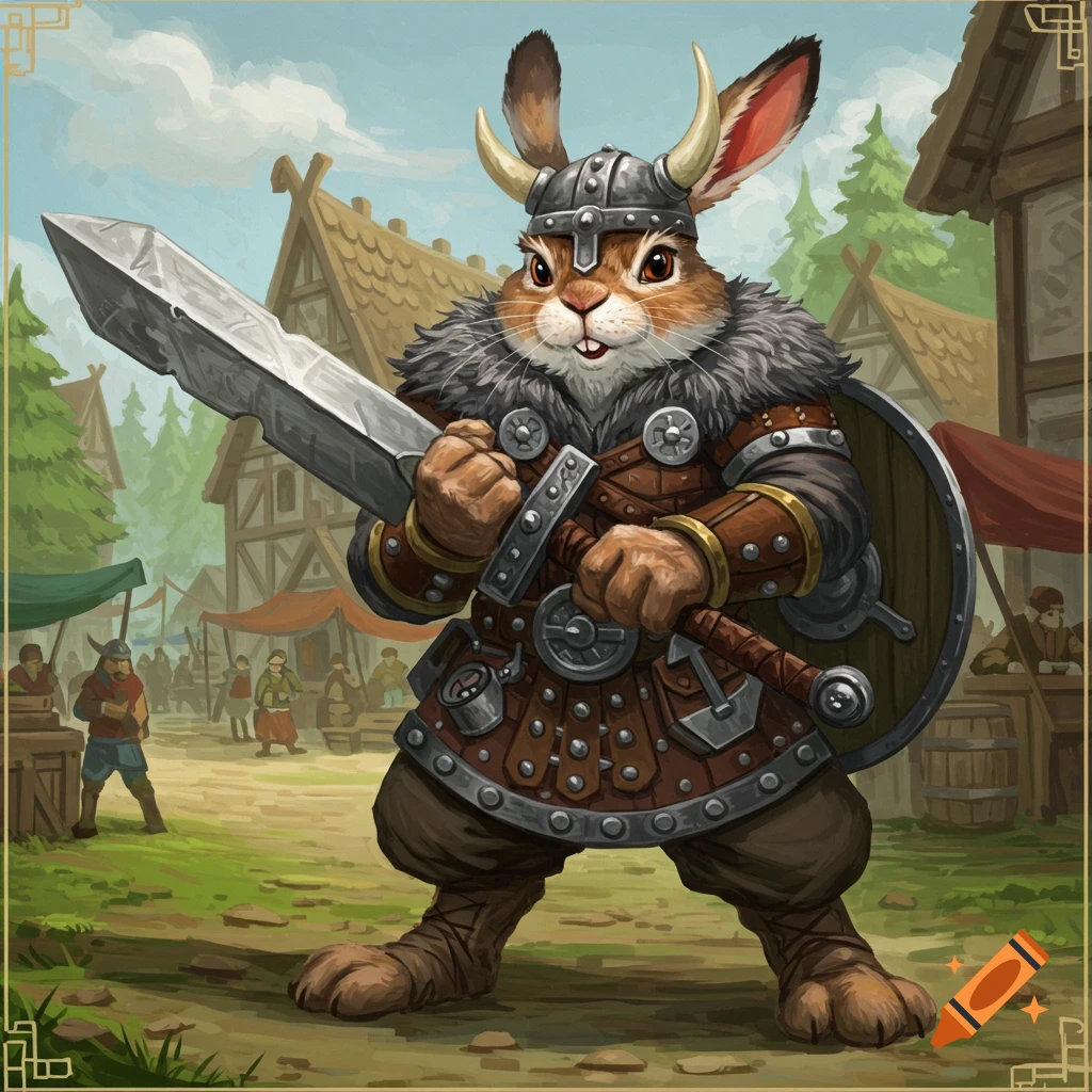 A rabbit dressed as a Viking holds a sword and shield in a village ...