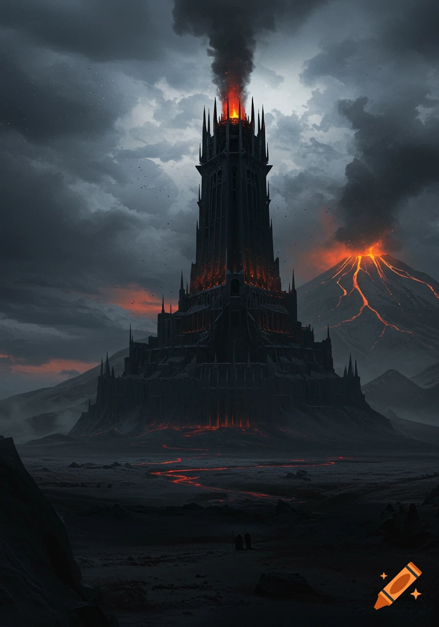 Dark fantasy art of a tall black tower emitting smoke beside an erupting volcano in a desolate ...