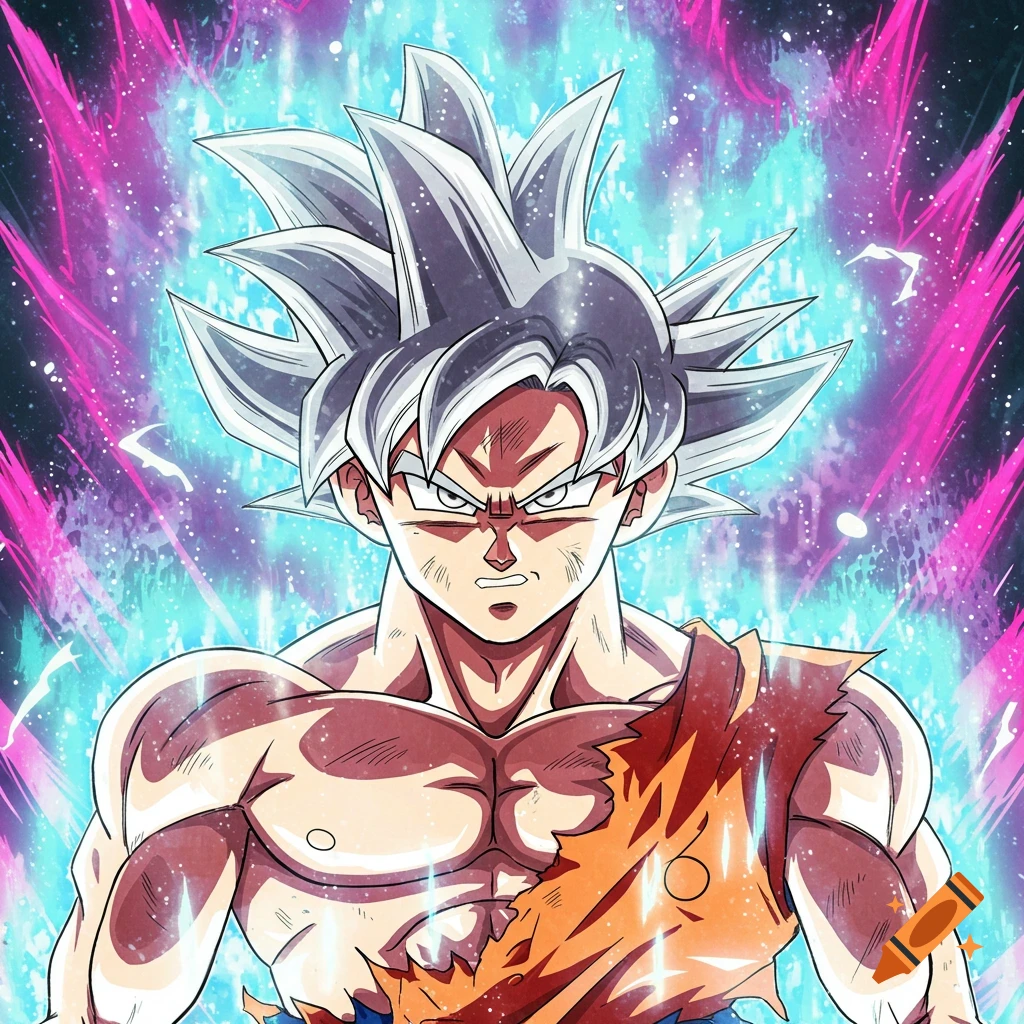 Goku in his Ultra Instinct form, surrounded by blue and pink aura. on ...