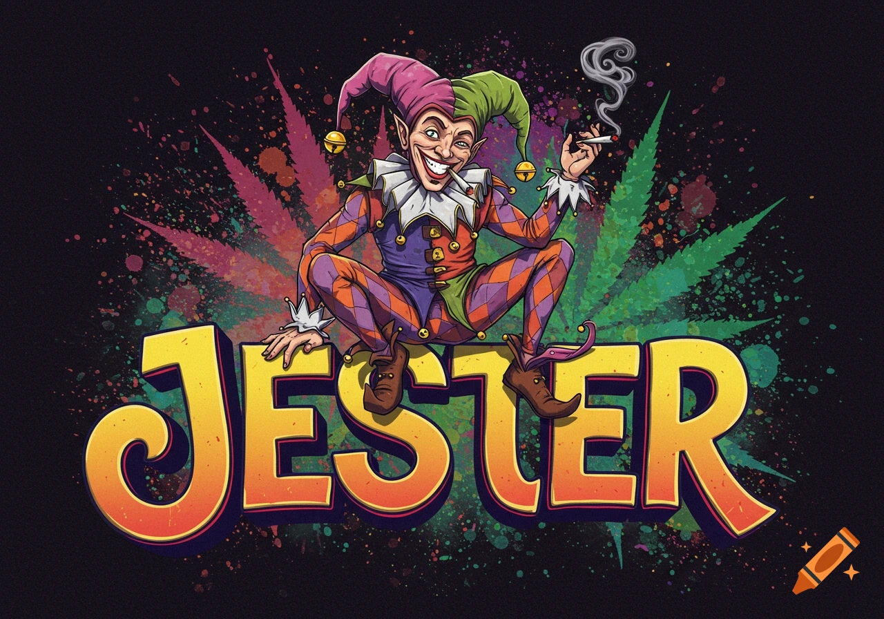 Cartoon illustration of a jester smoking while sitting on the word ...