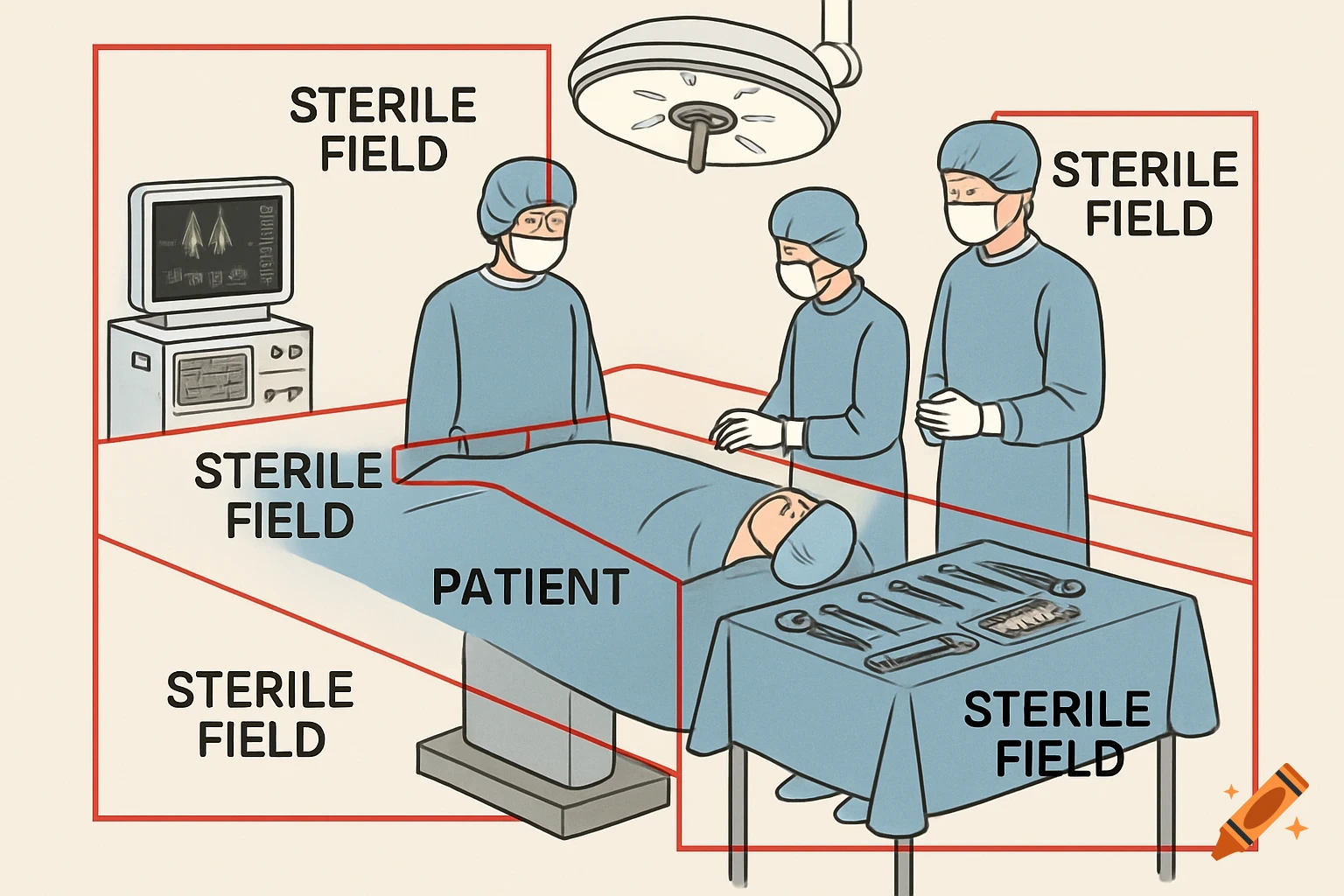Illustration of an operating room diagram showing sterile fields and a ...