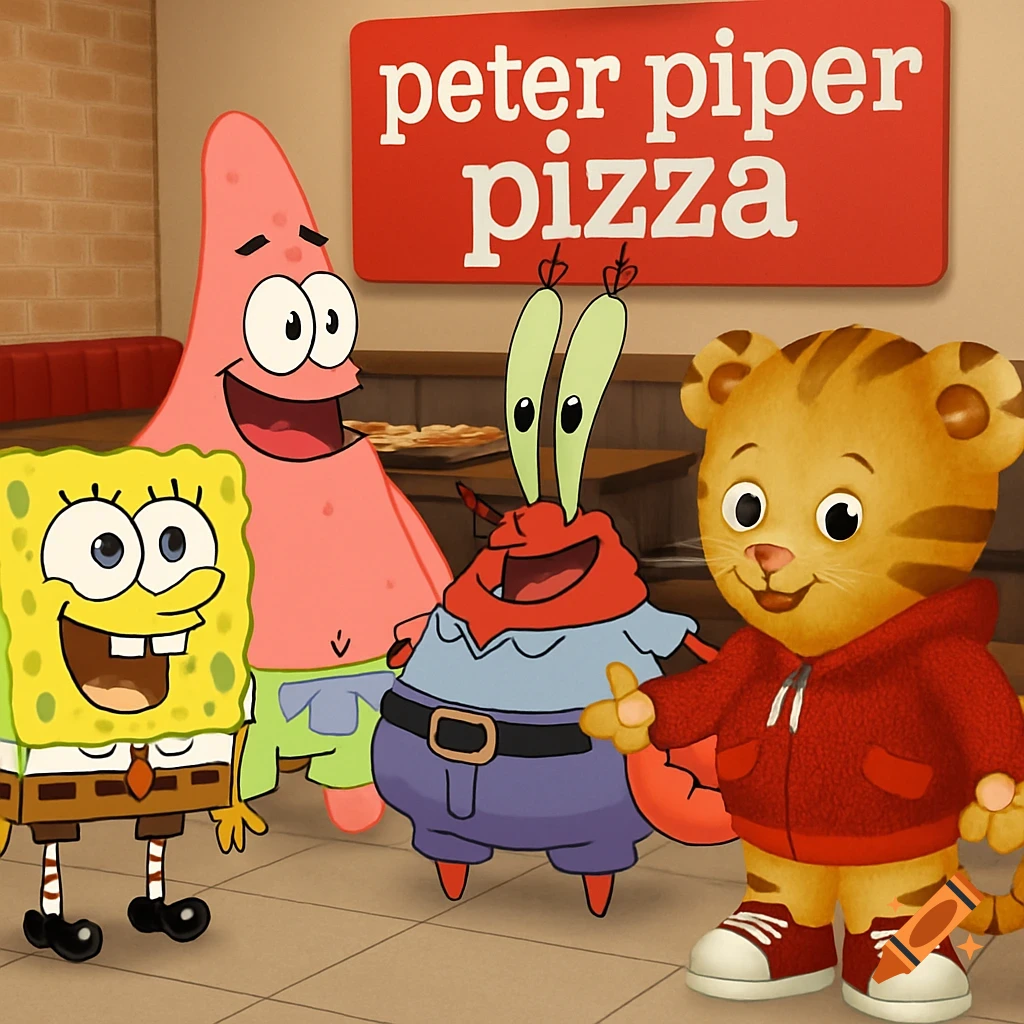 SpongeBob, Patrick, Mr. Krabs, and Daniel Tiger in a pizza place with a ...