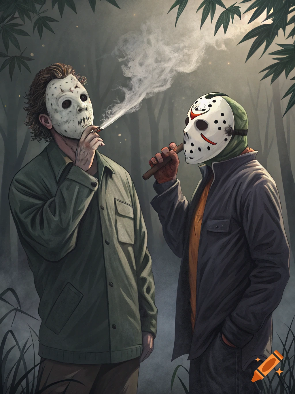 Illustration of Michael Myers and Jason Voorhees smoking cigars in a ...