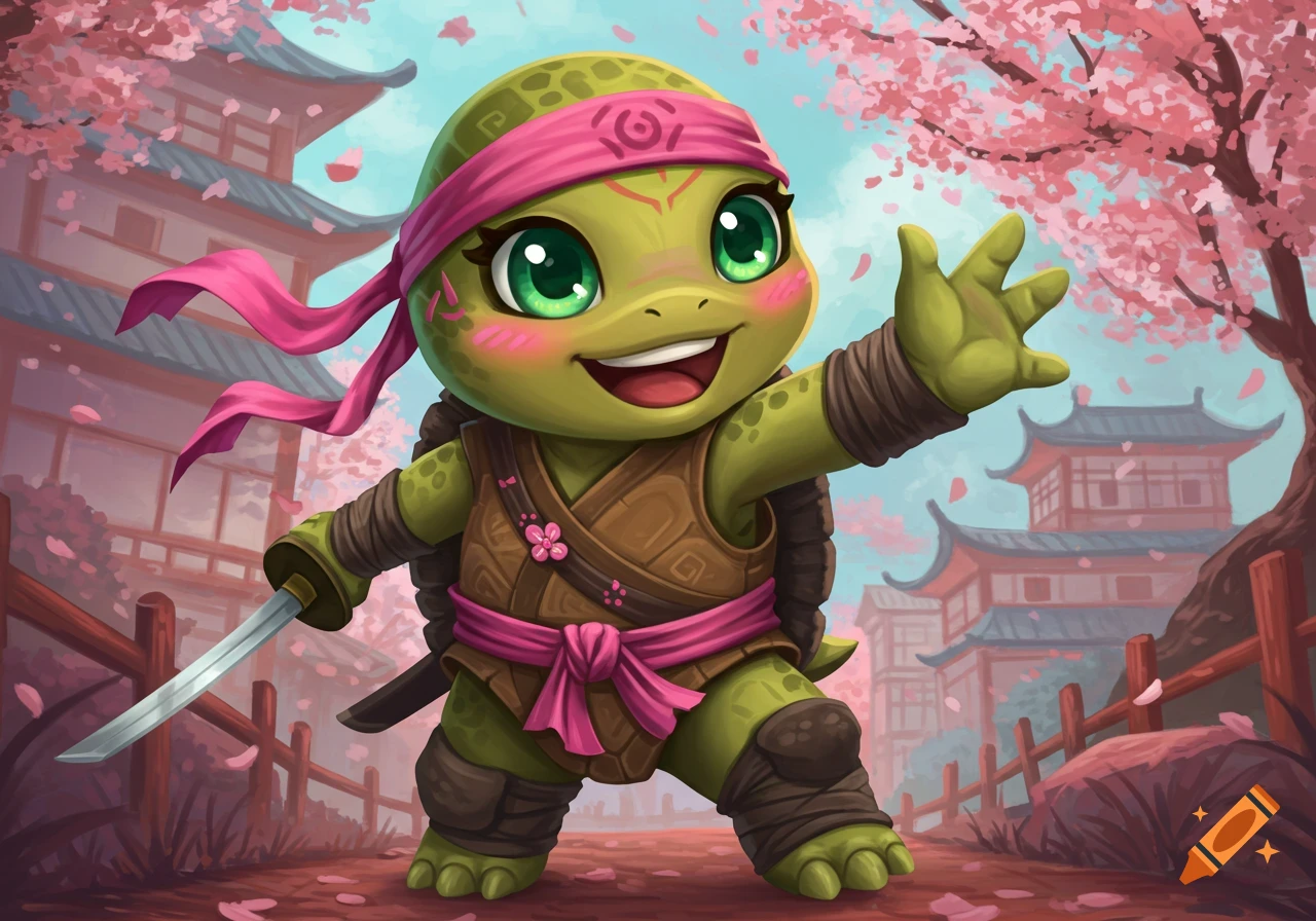 Cute cartoon ninja turtle in a cherry blossom setting. on Craiyon