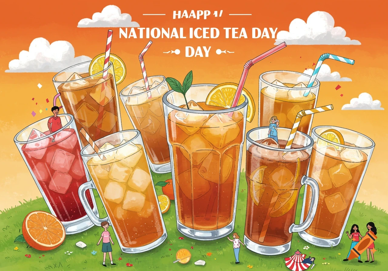 Watercolor illustration of multiple glasses of iced tea with tiny ...
