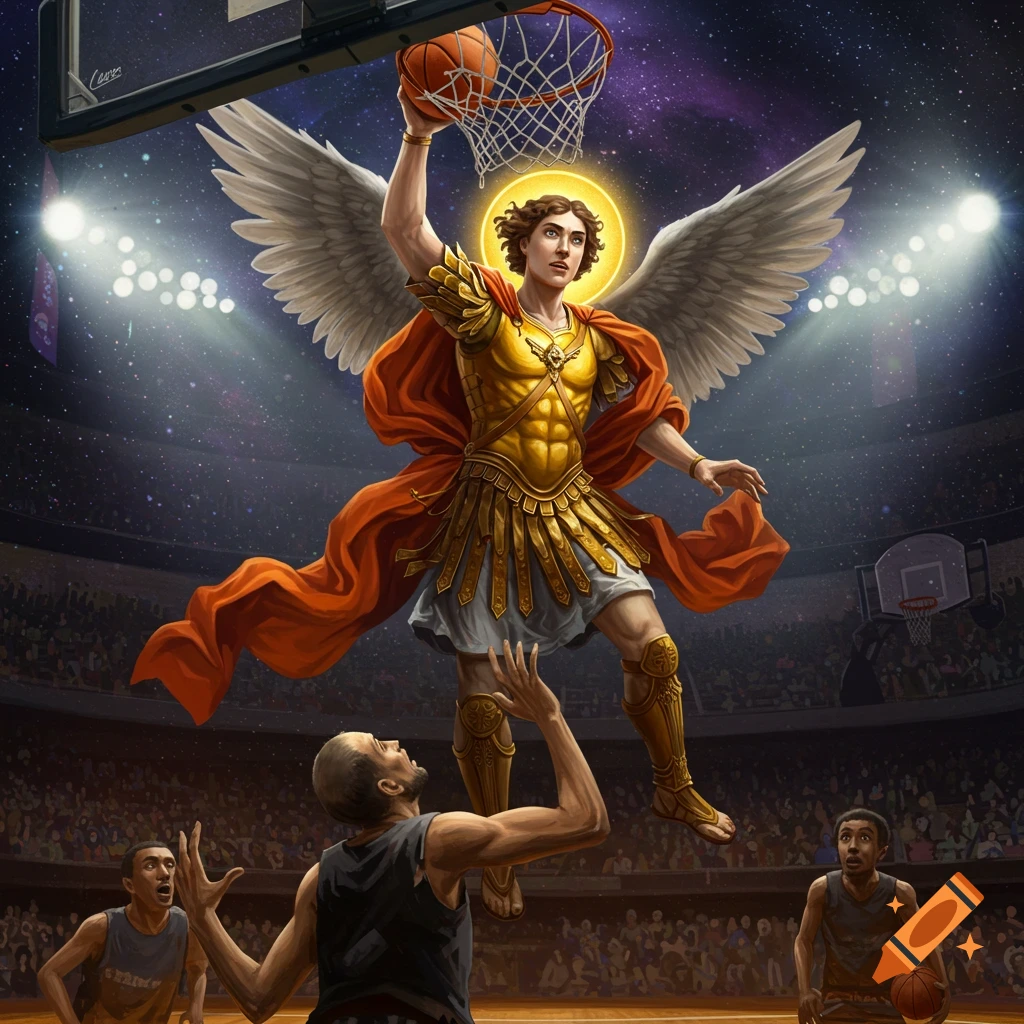 An angelic figure with wings and golden armor dunks a basketball over ...