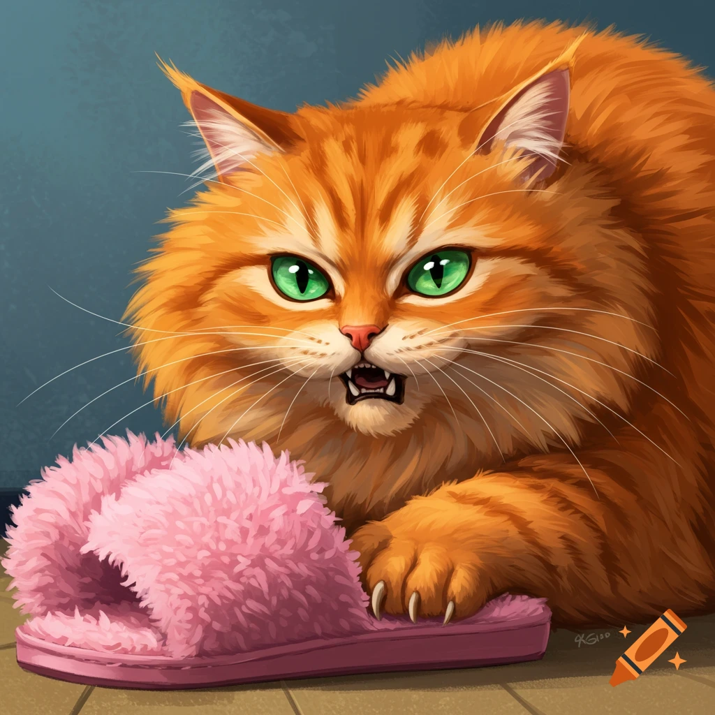 An angry fluffy orange cat with green eyes glares down at a pink fuzzy ...