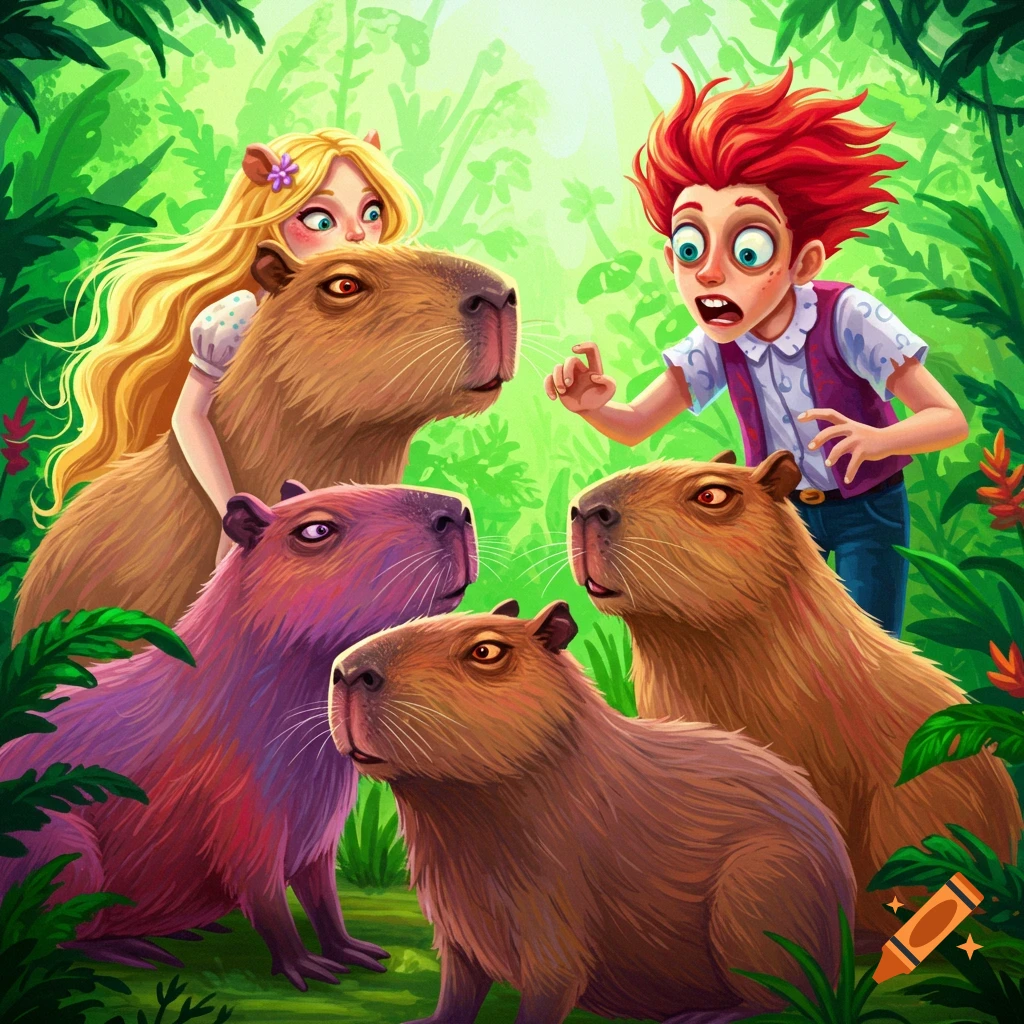 Illustration of two surprised people encountering several capybaras in ...